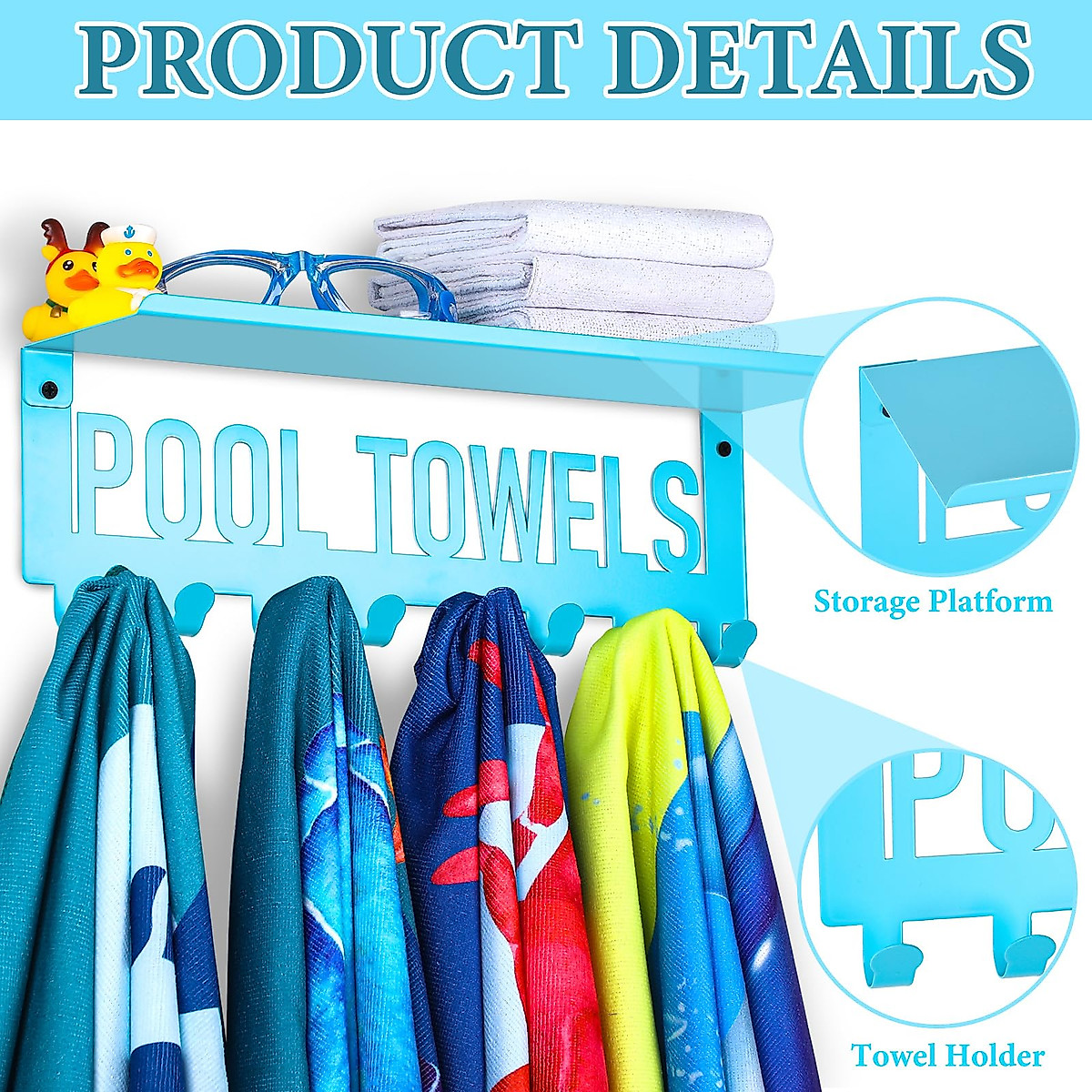 Tandefio Pool Towel Rack with Shelf Outdoor Wall Mounted Towel Holder 8 Hooks for Pool Bathroom Blue Metal Towel Hanger Towel Storage Indoor Outdoor for Robe, Towel, Coat, Swimsuit, Bag, Keys