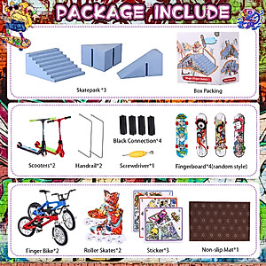 Civaner Fingerboard Skatepark Set 24 Pcs Mini Finger Toy with Finger Skateboards Ramp, Finger Bikes, Finger Scooter, Finger Skates for Skate Lovers Gift