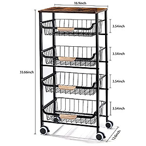 Kitchen Storage Rolling Cart, Kitchen Cart with Lockable Wheels, 5 Tier Metal Wire Basket Shelf Rolling Storage Cart with Wooden Handle, Wood Cover Top Kitchen Island Cart for Home, Office