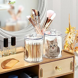 Sletend 2 Pack Plastic Qtips Holder Cat Animal Cute Bathroom Organizer Canisters for Cotton Balls/Swabs/Pads/Floss,Plastic Apothecary Jars for Vanity