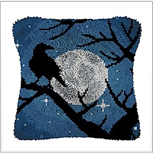 Crow Raven Moon Night Latch Hook Pillowcase Kits for Adults and Starter DIY Cushion Throw Pillow Cross Stitch Latch Hook Rug Kits with Preprinted Canvas Crochet Yarn Kits Needlework Crafts 17'' X 17''