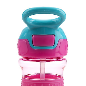 Nuby Thirsty Kids Push Button Flip-it Soft Spout on The Go Water Bottle with Easy Grip Band, Pink Rainbows, 12 Ounce