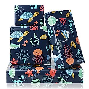 Ocean Themed Birthday Wrapping Paper For Kids Girls Boys, Under the Water Animal Coastal Design Gift Wrap Paper for Birthday Baby Shower Children's Day, 4 Sheets Folded Flat 20x28 Inches Per Sheet