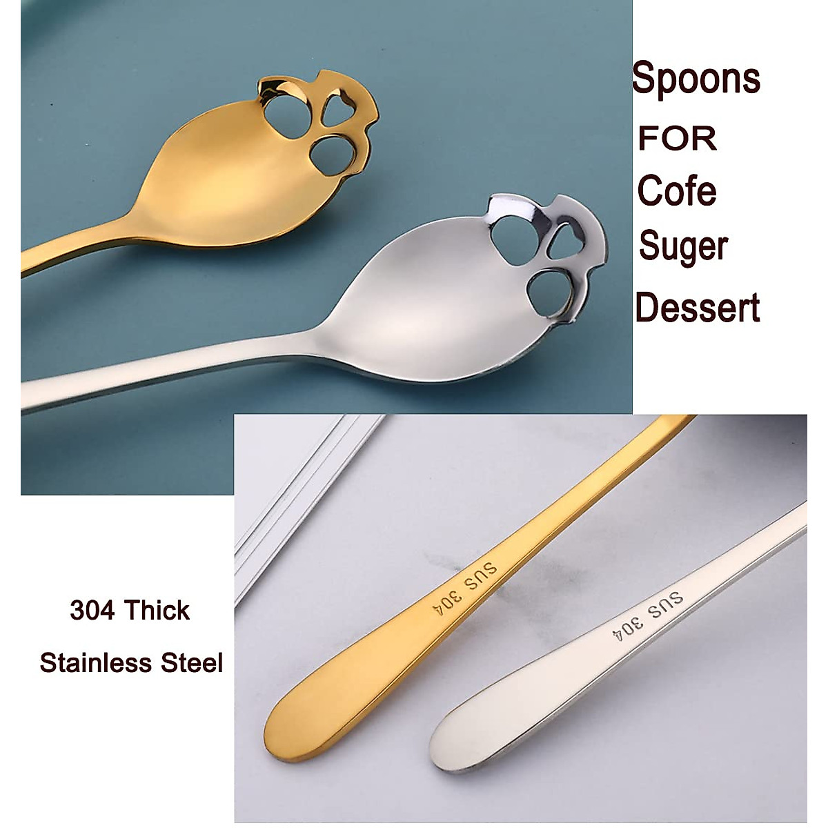 304 Stainless Steel Sugar Tea Skull Spoons, Coffee Stirring Slotted Metal Spoon, Espresso Spoons for Dessert, Cake (Set of 4 Mixed colors)