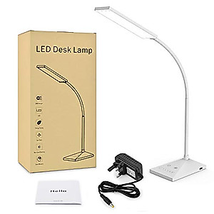 K&ZZ LED Desk Lamp, Dimmable LED Table Lamp, Eye-Caring Study Light with USB Charging Port, Office Light with 5 Lighting Modes 7 Brightness Levels, Touch-Sensitive Reading Light, White