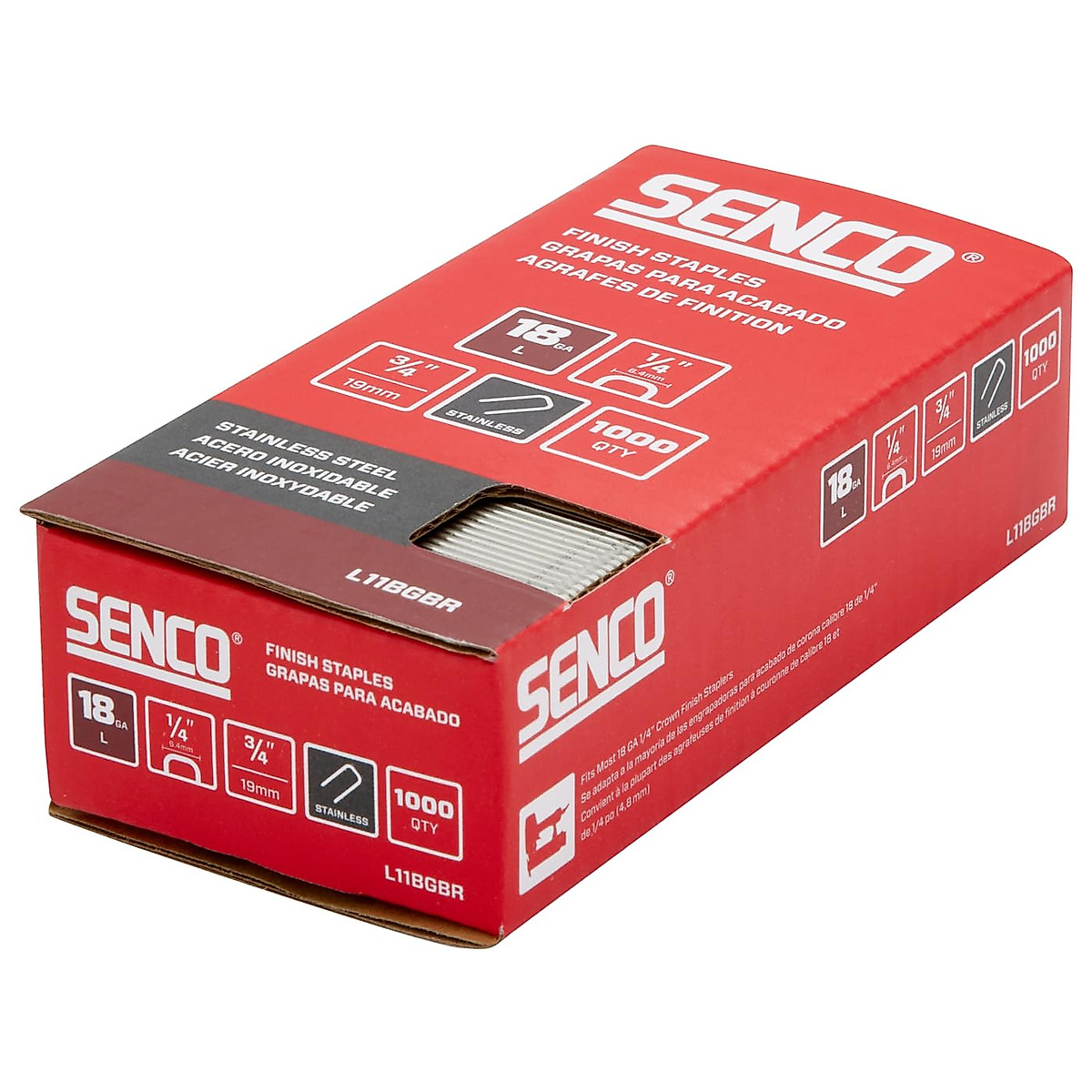 SENCO L11BGBR 3/4" 18 Gauge 1/4" Crown Finish Staples, Stainless Steel Finish 1,000 Count Pack