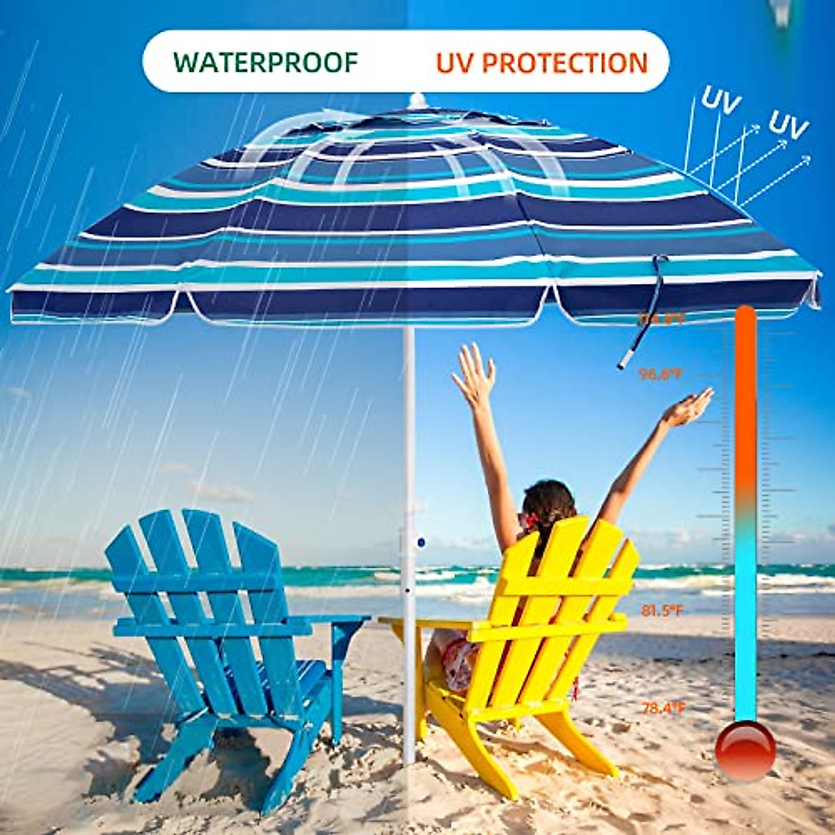 MEWAY 6.5ft Beach Umbrella with Sand Anchor & Tilt Mechanism, Portable UV 50+ Protection, Outdoor Sunshade Umbrella with Carry Bag, for Garden Beach Outdoor
