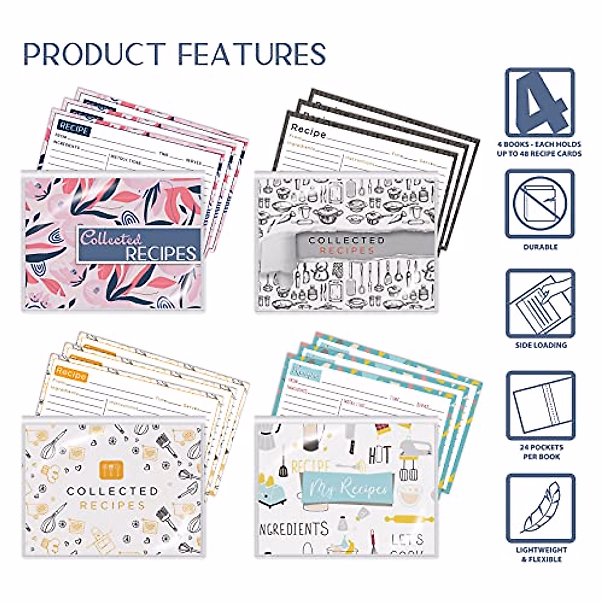 24 Pocket Mini Recipe Card Books with 100 4 x 6 Recipe Cards, 4 Pack with 4 Assorted Designs (25 Cards per Design), by Better Kitchen Products, 4 Recipe Book Sleeves + 100 Recipe Cards