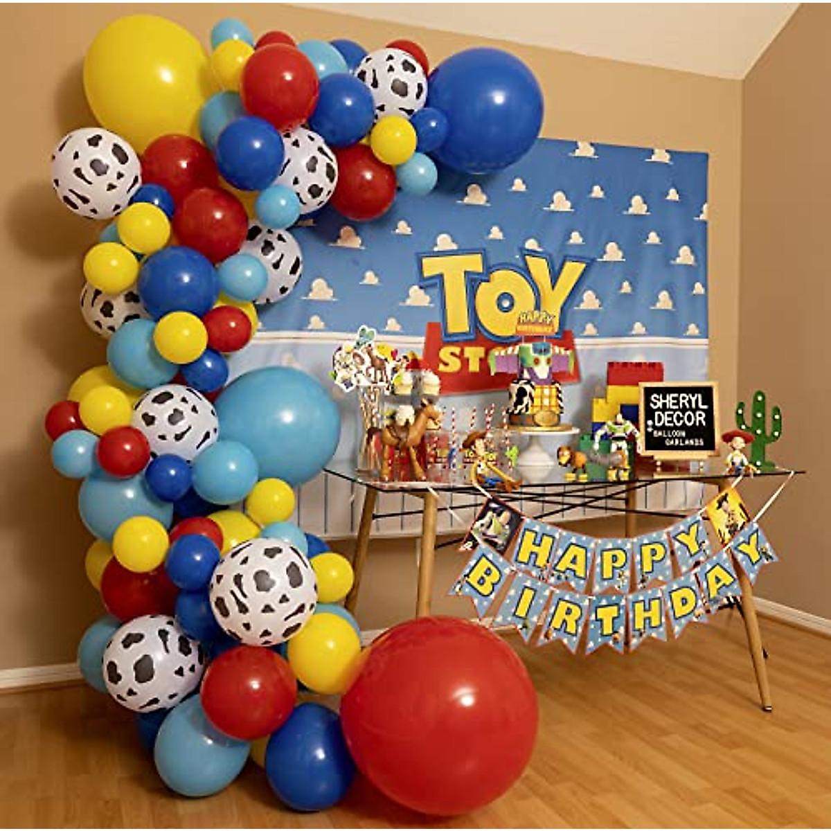 100pcs EASY DIY - Toy Story Balloons Garland Kit & Arch for Toy Story Birthday Party and Baby Shower Decorations - Toy Story Balloons Latex with Cow Pattern for Woody and Buzz Lightyear Theme Supplies