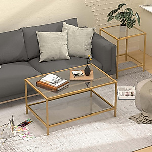 Coffee Table Set of 2,Gold Glass Nesting Coffee Side End Table,Square Modern Center Table for Living Room,Bedroom and Small Spaces,Tempered Glass-top with Sturdy Metal Frame, Easy Assembly