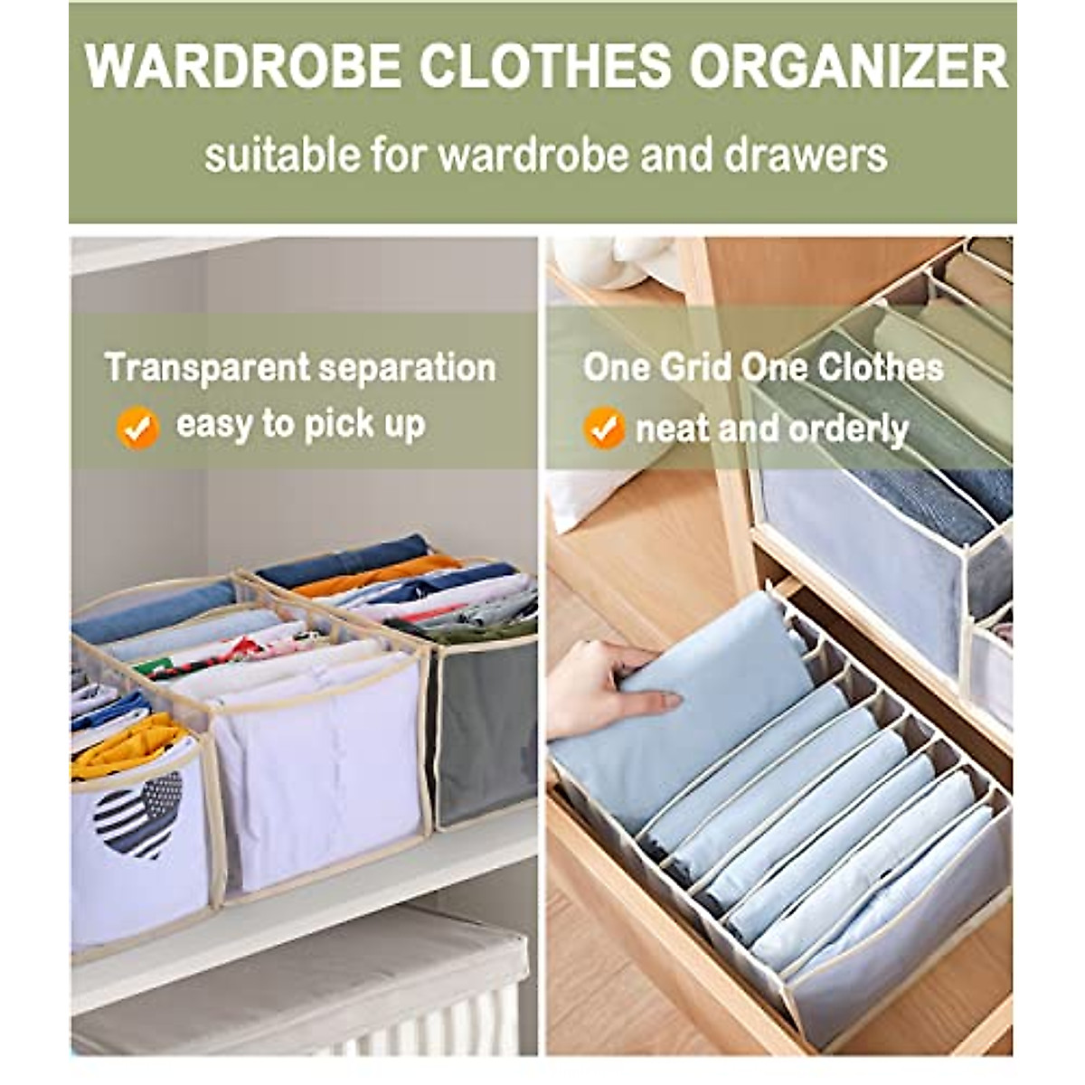Wardrobe Clothes Organizer, 7 Grids Drawer Organizers for Clothing, Bedroom clothes organizer for folded clothes, Closet Organizers and Storage Baskets for Pants,T-Shirts, Jeans (5 Pack 2M+3L)
