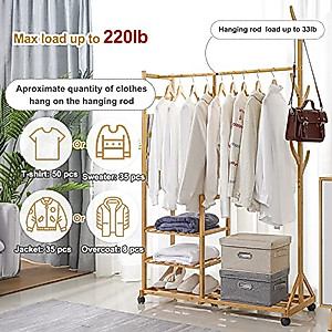 Homde Clothing Rack Bamboo Garment Rack Rolling Coat Rack Multifunctional Bedroom Hanging Rack Clothing Organizer Hat Tree 3 Layers Wardrobe Storage Shelves with Wheels 6 Hooks