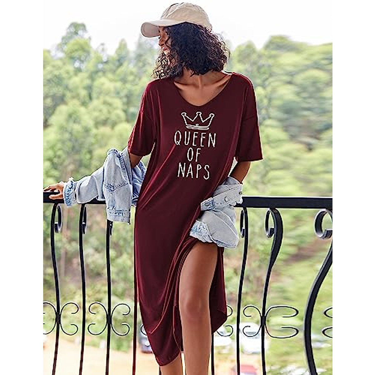 Ekouaer Women Long Nightgown Soft Short Sleeve O Neck Sleepwear Plus Size Night Shirt Nightshirt Wine Red XXXL
