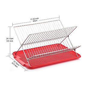 J&V TEXTILES Foldable Dish Drying Rack with Drainboard, Stainless Steel 2 Tier Dish Drainer Rack, Collapsible Dish Drainer, Folding Dish Rack for Kitchen Sink, Countertop, Cutlery, Plates (Red)