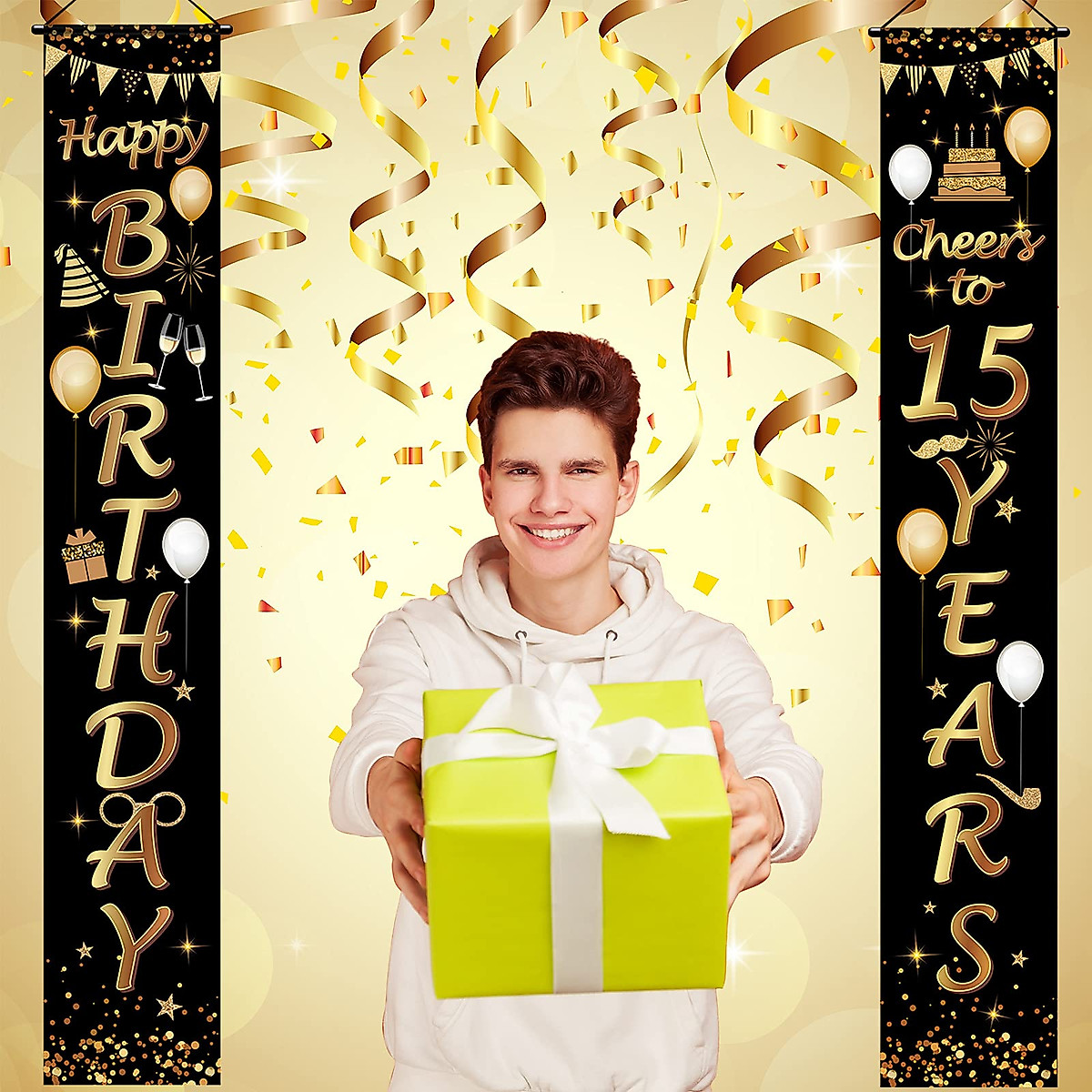 2 Pieces 15th Birthday Party Decorations Cheers to 15 Years Banner Porch Sign Door Hanging Banner 15th Party Decorations Welcome Porch Sign for 15 Years Birthday Supplies, 71 x 12.6 Inches