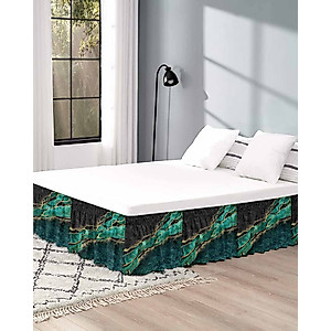 Abstract Black Marble Bed Skirt Queen Size 18 Inch Drop, Adjustable & Elastic Wrap Around Bed Skirts Pleated Luxury Dust Ruffles for Twin Full Queen Cal King Base Bed, Modern Minimalist Emerald Green