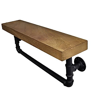 Industrial Hand Towel Holder & Shelf, 24" x 6" Rustic Farmhouse Pipe Shelving Decor, Perfect for Bathrooms, Vintage Black Iron Metal Pipe