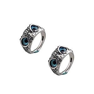 COLORFUL BLING 2pcs Gothic Demon Eye Owl Ring Set Adjustable Retro Open Antique Silver Crystal Band Rings for Women Men Animal Lucky Retro Jewelry