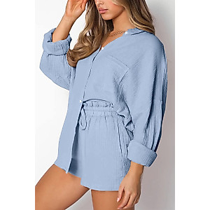 Trendy Queen Two Piece Sets For Women Summer Short Sets Beach Vcation Lounge Pajama 2 Piece Spring Outfits Fashion 2025 SkyBlue S