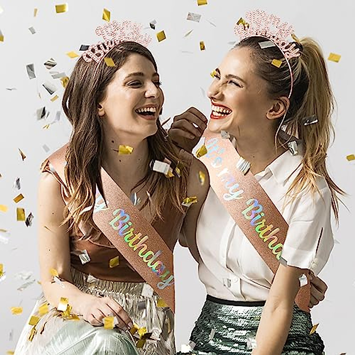 BAHABY Birthday Crowns for Women, It's My Birthday Sash & Birthday Headband Set Princess Birthday Sash and Rhinestone Tiara Birthday Gifts for Women Girls Sweet Happy Birthday Accessories for Party- Rose Gold
