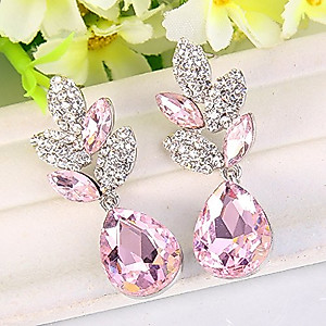 EVER FAITH Rhinestone Crystal Wedding Leaf Teardrop Pierced Dangle Earrings Pink Silver-Tone