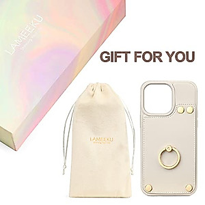 LAMEEKU Wallet Case Compatible with iPhone 14, Case with Card Holder, RFID Blocking Leather Cover 360°Rotation Ring Kickstand Protective Bumper Designed for Apple iPhone 14 6.1'' (2022) Beige