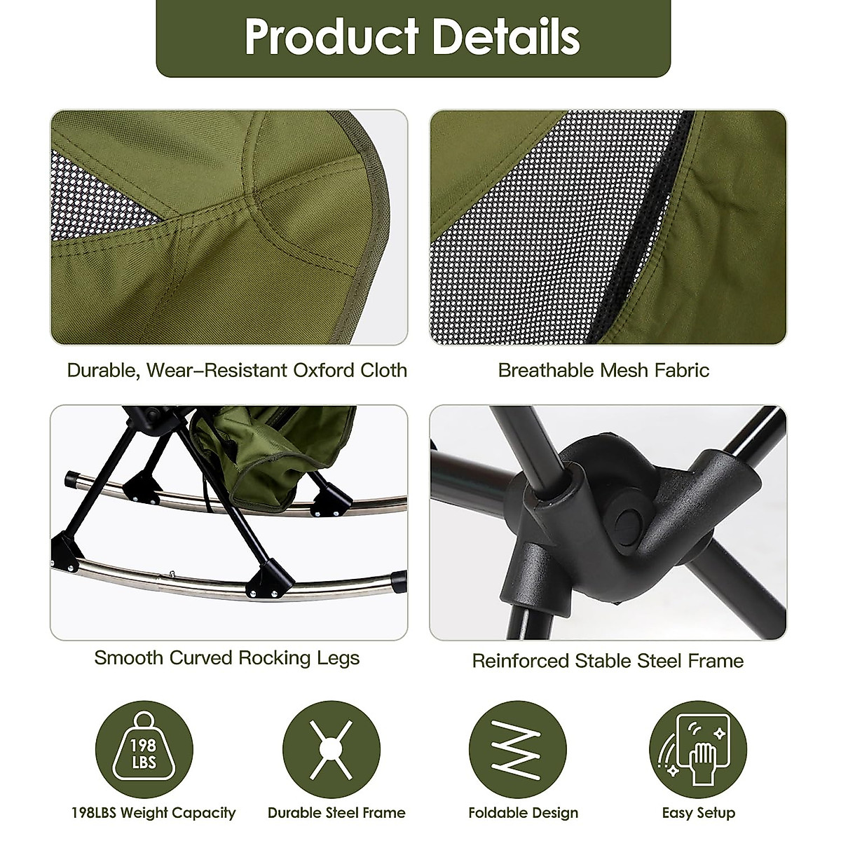 TeqHome Folding Rocking Chair, Outdoor Rocking Chair with Carry Bag, Foldable Padded Rocking Chair, for Camping, Patio, Angling, Supports 300lbs(Beige)