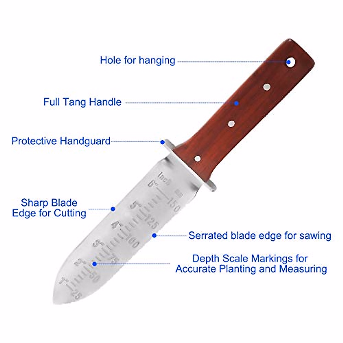 Hori Hori Garden Soil Knife Heavy Duty Weeding, Digging and Gardening Tools with 7 inch Double Edge Sharp Japanese Blade Leather Sheath, Full Tang Wood Handle Manual Sod Cutter