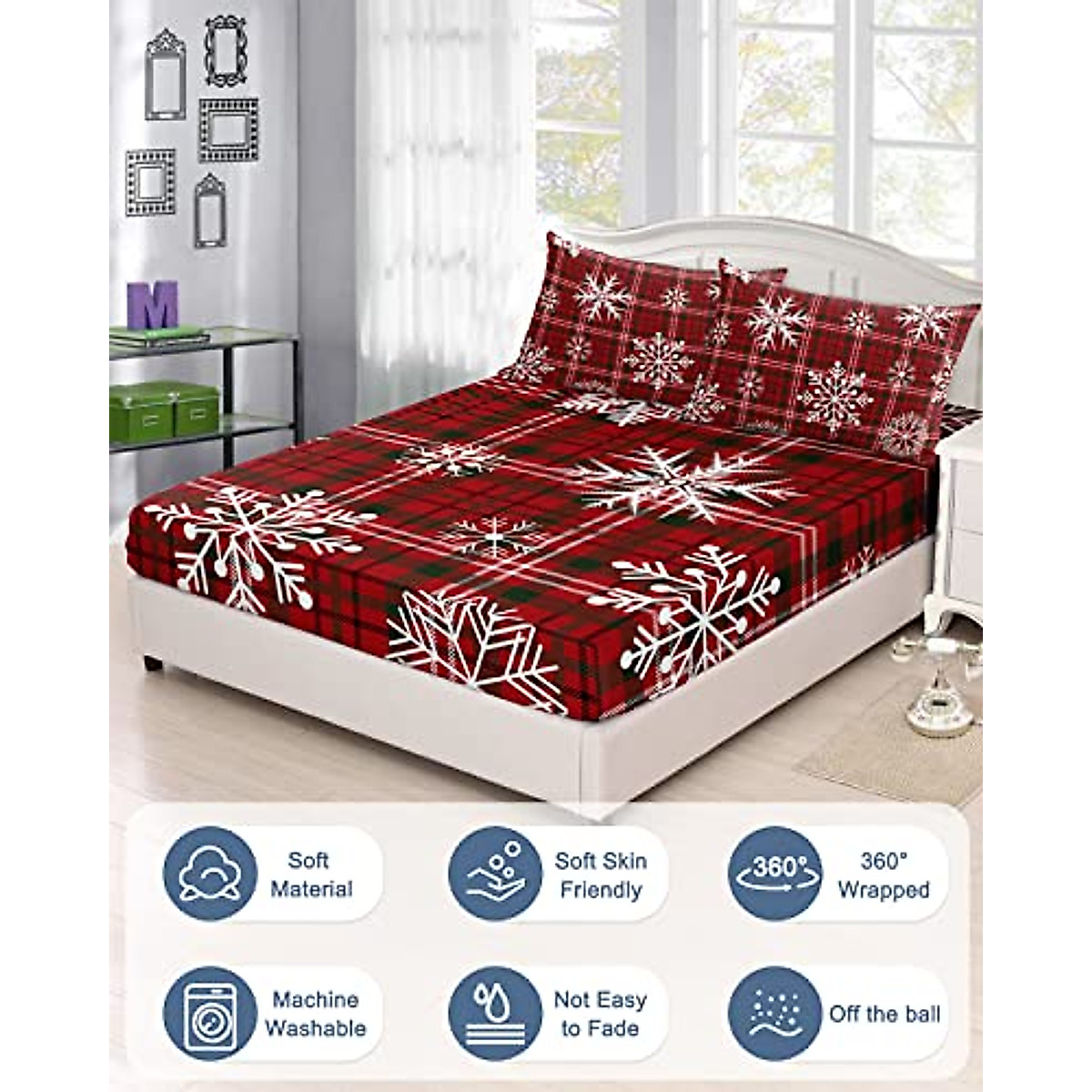 Christmas Fitted Bed Sheet Full Size,Winter Snowflake Soft Bottom Sheet with Pillow Case,Green Red Tartan Plaid Fitted Sheet Bedding Set for Mattress Fit 5"-16" Deep Pockets