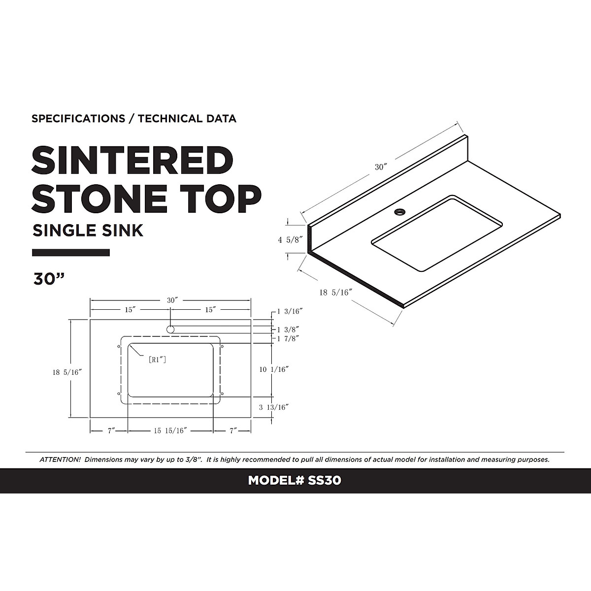 Fine Fixtures Opulence Collection 30 in. W x 18 in. D x 33 in. H Bathroom Vanity in Black Matte with White Carrara Sintered Stone Sink - Chrome Hardware