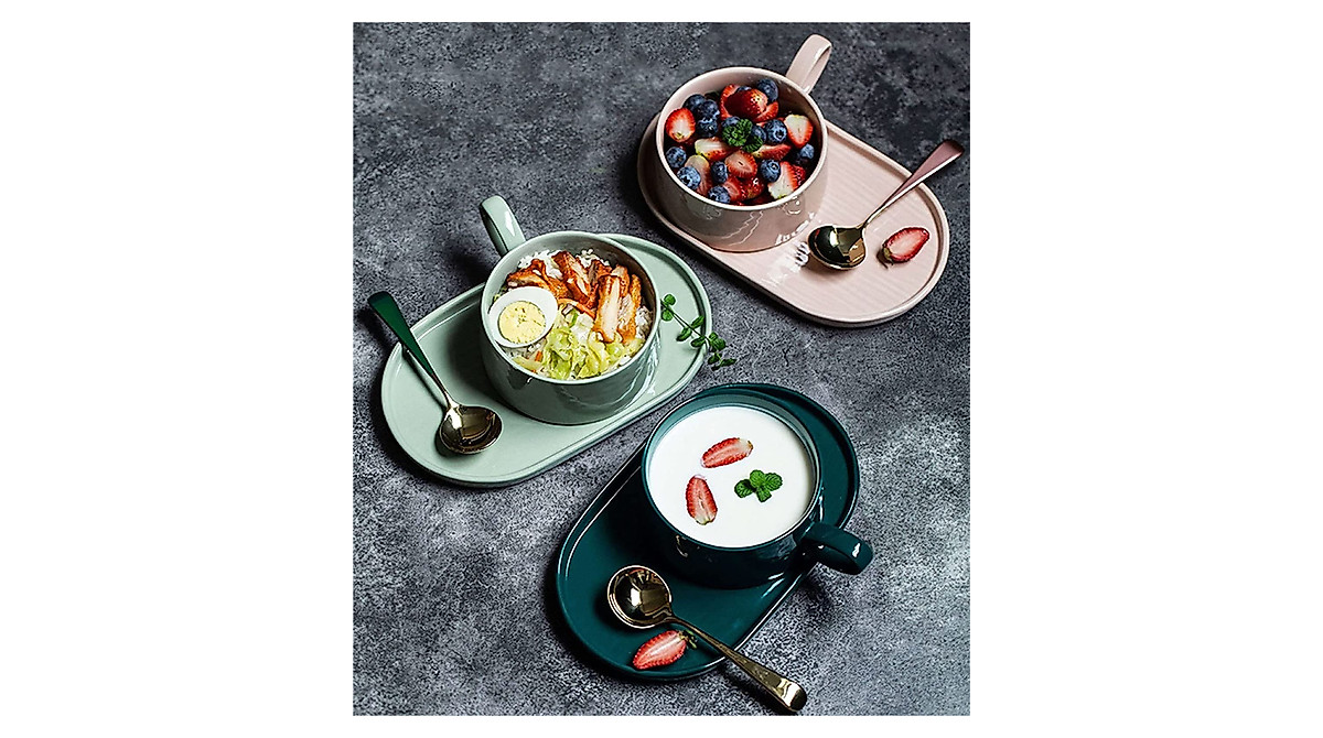 Dark Green Ceramic Breakfast Bowls Set for Soups & Cereal