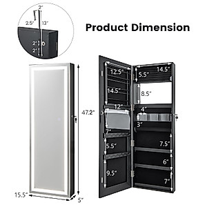 Giantex Jewelry Cabinet Armoire Door Wall Mount, 47.2in Lockable Touch Screen Lighted Full Length Mirror, 3 Lighting Settings, Inside Makeup Mirror, Jewelry Storage Box Organizer (Black)