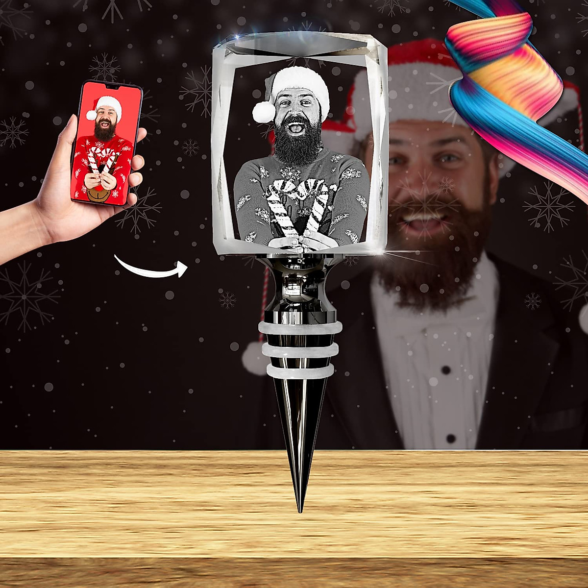 3D Crystal Photo Wine Stopper - 3D Crystal Picture Engraved, Personalized & Custom - Gift for Father's day, Anniversary, Pet, Memorable Gift, and Keepsake