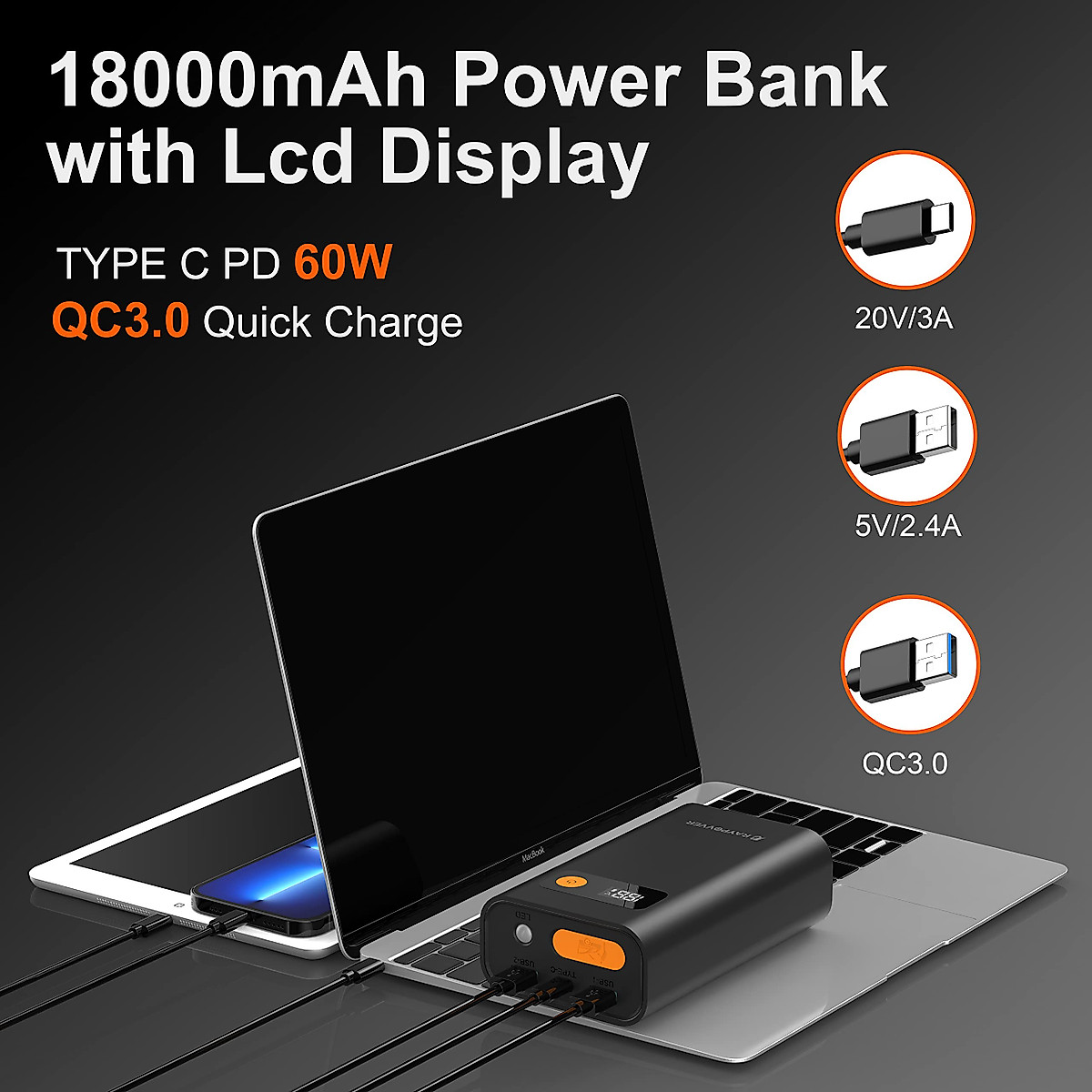 Jump Starter 2000A Peak 18000mAh Battery Jump Starter,Jump Starter Battery Pack for Up to 8L Gas and 6L Diesel Engines,Car Battery Charger Jump Starter with Type-C PD60W QC3.0,Portable Jump Starter