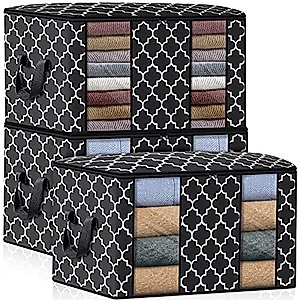 Fab totes Clothes Storage Bag Organizer [3 Pack/100L], Large Capacity Clothes Organization with Reinforced Handle and Clear Window, Foldable Storage Containers for Comforter, Blanket, Bedding, Black