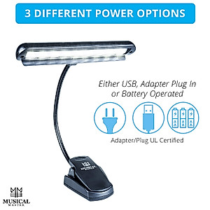 Music Stand Light - Book Light for Reading in Bed – Clip on Portable LED Light - Reading Light - Clamp Light for Violin, Piano, DJ, Desk & More – USB, AA battery operated (Batteries Not Included)