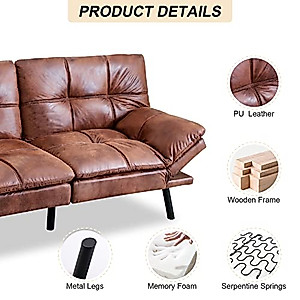 Opoiar Futon Sofa Bed Couch Sleeper Sofa Convertible Small Love Seat Memory Foam Brown Faux Leather Sofa for Living Room Apartment Office, Easy to Assemble, Great Addition
