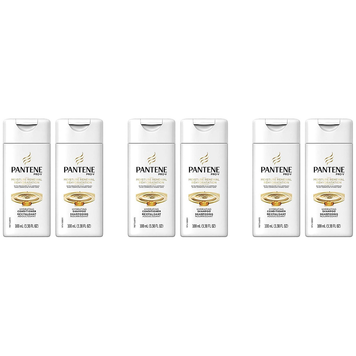 Pantene Shampoo & Conditioner Bundle, Daily Moisture Renewal, 3.38 Oz Travel Size (3 Duo Sets)