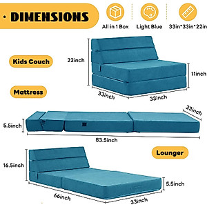 jela Sofa Bed Foldable Mattress Luxury Miss Fabric, Folding Sleeper Sofa Chair Bed Floor Mattress Floor Couch, Fold Out Couch Futon Mattress for Guest Room, Living Room (83"x33",Lightblue)