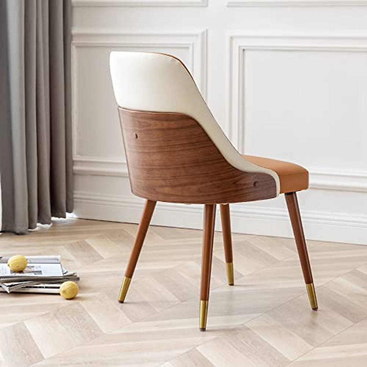 LUNLING Mid Century Modern Dining Room Chairs Faux Leather Upholstered Chairs,Metal Side Chairs with Walnut Wood Frame for Kitchen Dining Living Room Chairs(Orange 1PCS)