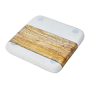 Creative Co-Op Marble & Acacia Wood, White & Natural, Set of 4 Coaster, 4"