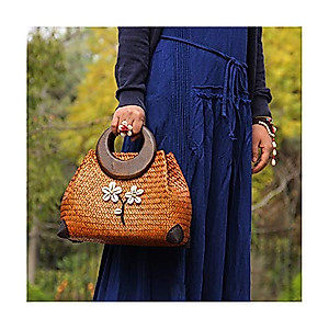 QTKJ Cute Hand-woven Straw Bag Boho Wooden Handle Handbag Women's Summer Beach Rattan Tote Travel Bag with White Flower (Gold)