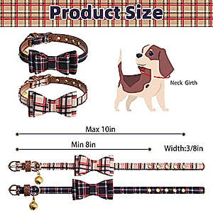 TAILGOO Classic Plaid Puppy Collars 2 Pack - Adjustable Black & Beige Pet Collars with Golden Bell and Bowtie for Small Puppies Cats, Leather Collar