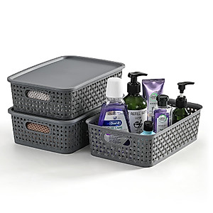 [ 12 Pack ] Plastic Storage Baskets With Lids, Small Pantry Organization, Stackable Storage Bins, Household Organizers for Cabinets, Countertop, Drawers, Under Sink or On Shelves,Gray