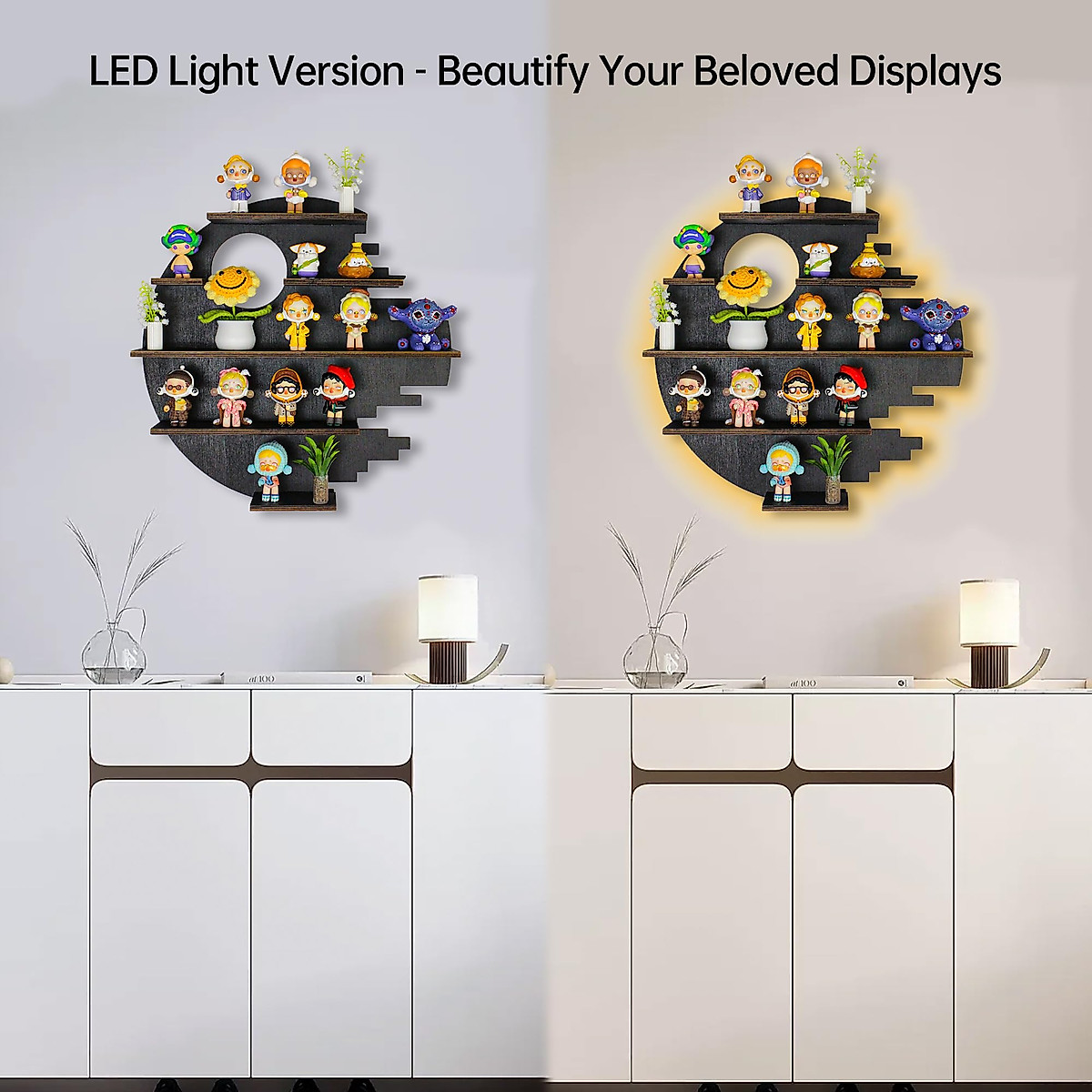 FNYDOX Large 17.7" LED Wooden Circle Floating Shelves for Wall, Figures Minifigures Figurine Display Shelf Wall Mount, Wood Wall Hanging Shelf for Collection Collectibles, for Bedroom Living Room