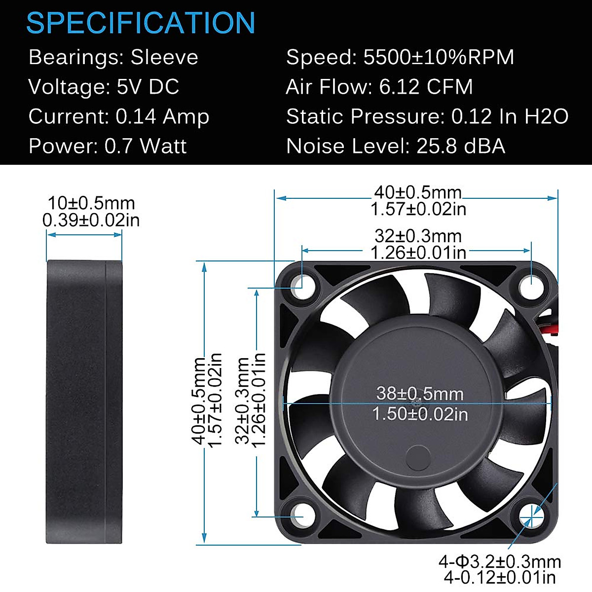 GDSTME 40mm USB Fan for VR Gear, Aquarium, Roku, Router, Raspberry Pi, Cosplay, Helmet Cooling Ventilation