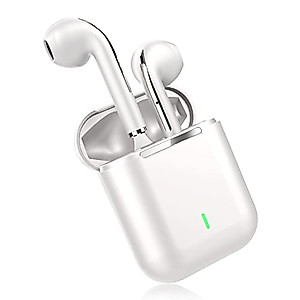 One-Touch On/Off Bluetooth 5.0 Stereo Earbuds 4 Hours Talking or Playtime Deep Bass Crystal-Clear Calls Headset with Charging Case for iPhone & Android Phone, White, J18