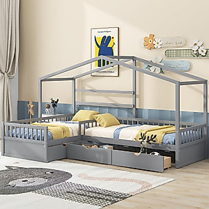 Bellemave L-Shape House Beds with Storage Drawers Two Twin Size Platform Bed Fence Railings Wood Corner Frame Montessori Decorative Panels Tent for Kids Boys Girls Teens, Gray