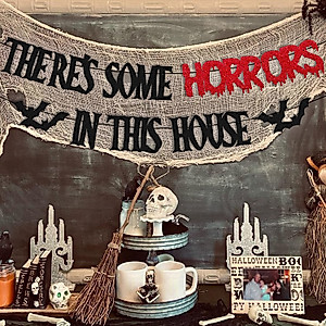 There’s Some Horrors in This House Banner Halloween Horrible Bat Scary Themed for Boy Girl Kids Halloween Festival Party Decorations