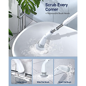 LABIGO Electric Spin Scrubber LA1 Pro, Cordless Spin Scrubber with 4 Replaceable Brush Heads and Adjustable Extension Handle, Power Cleaning Brush for Bathroom Floor Tile (White)
